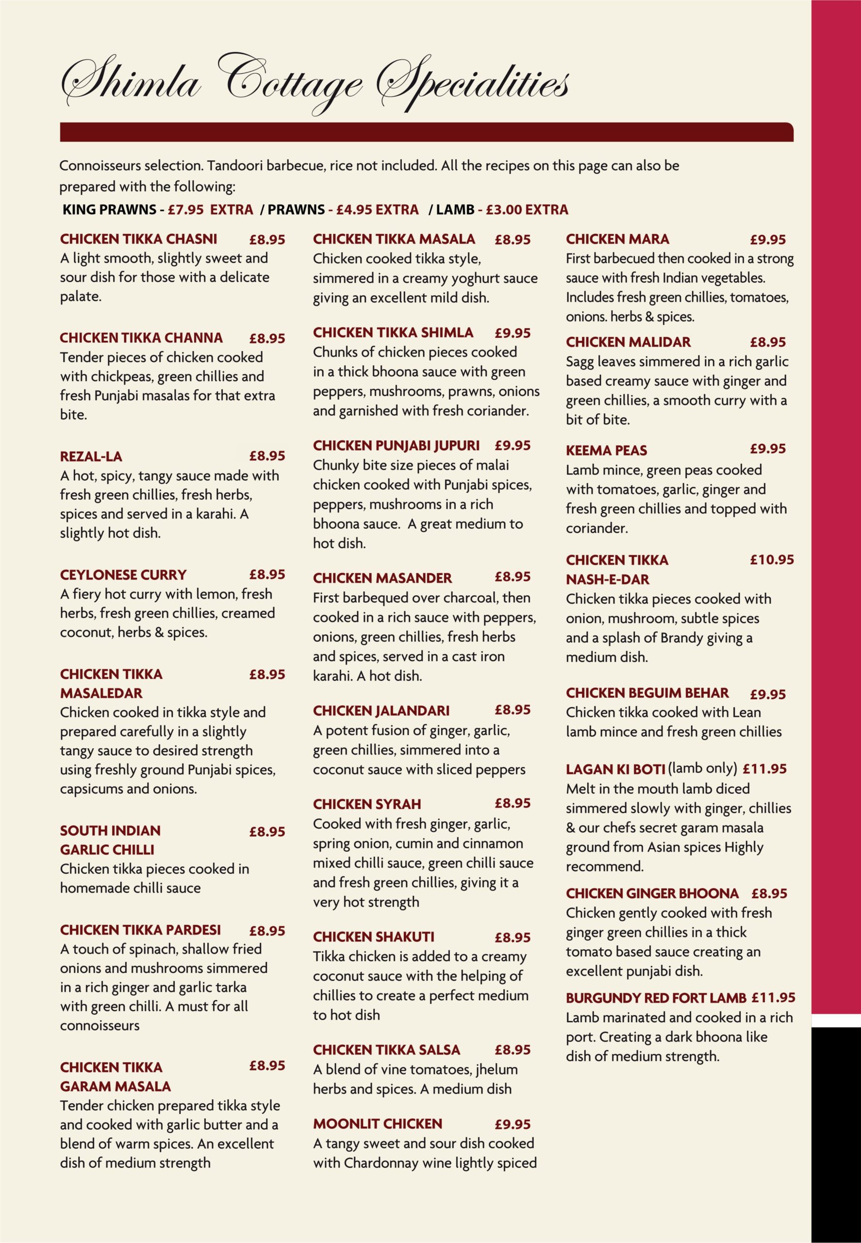 A La Carte Menu | Shimla Cottage Coatbridge