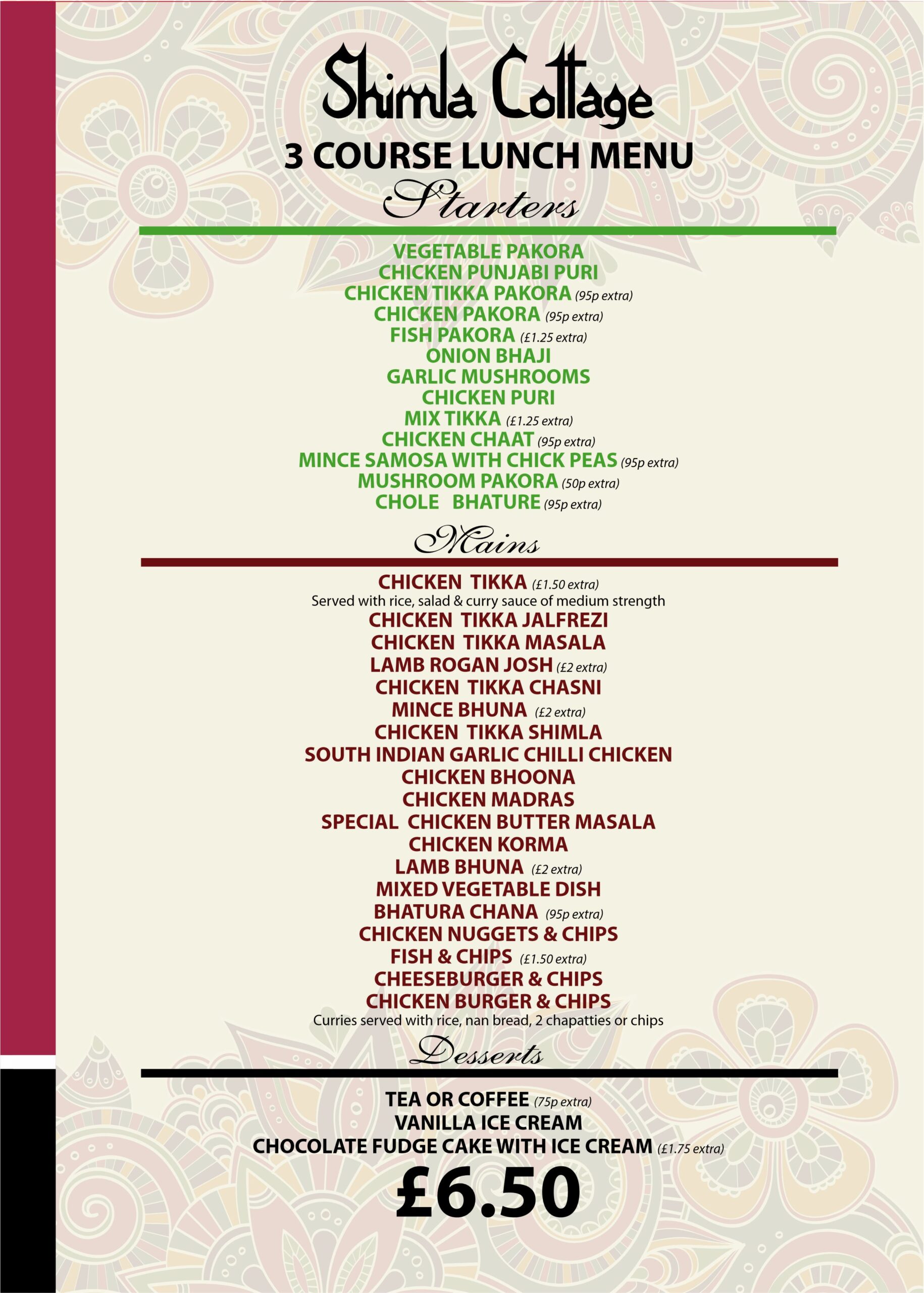 Lunch Menu | Shimla Cottage Coatbridge